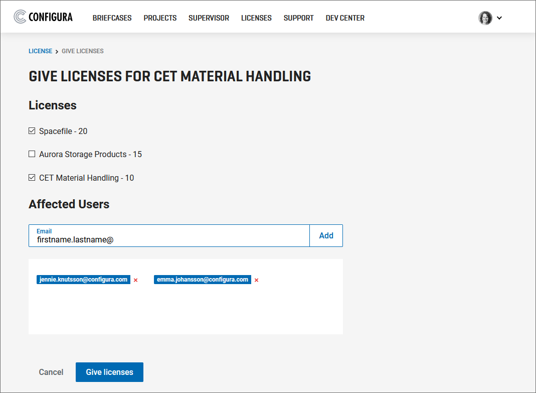 Give licenses – Configura Help Center